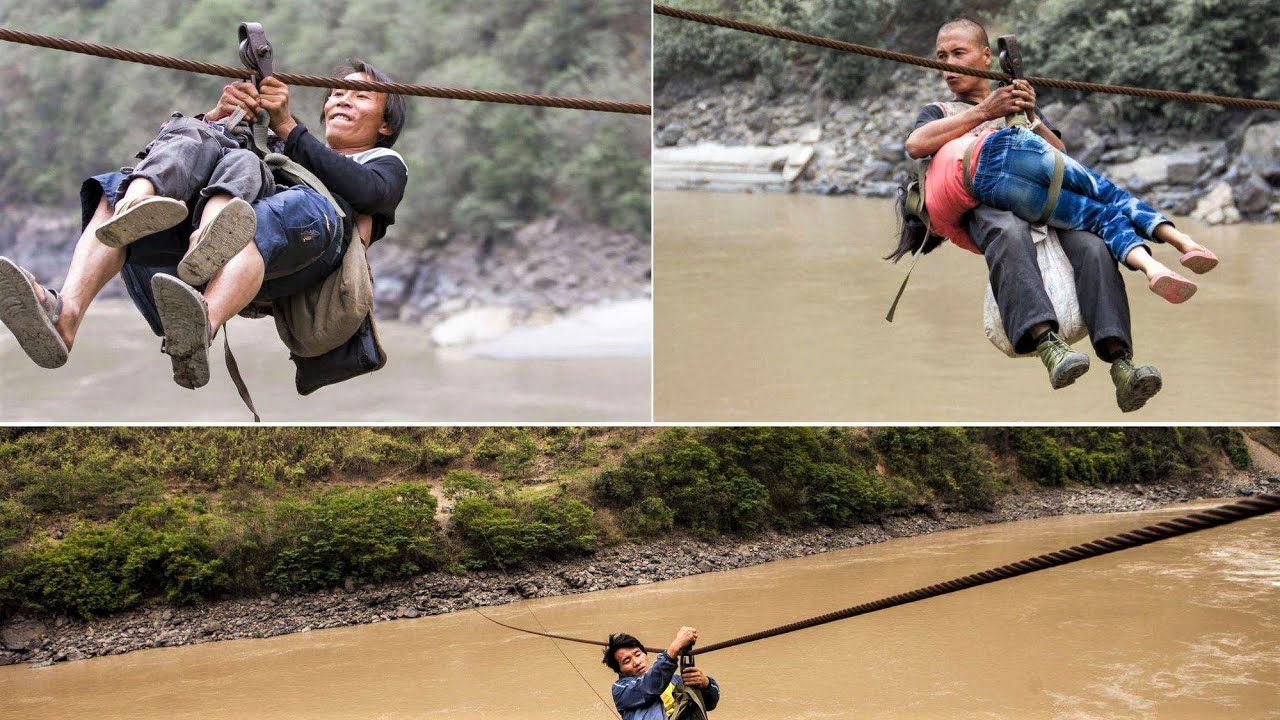 The most dangerous way home | Thrilling cable crossing across the river ...