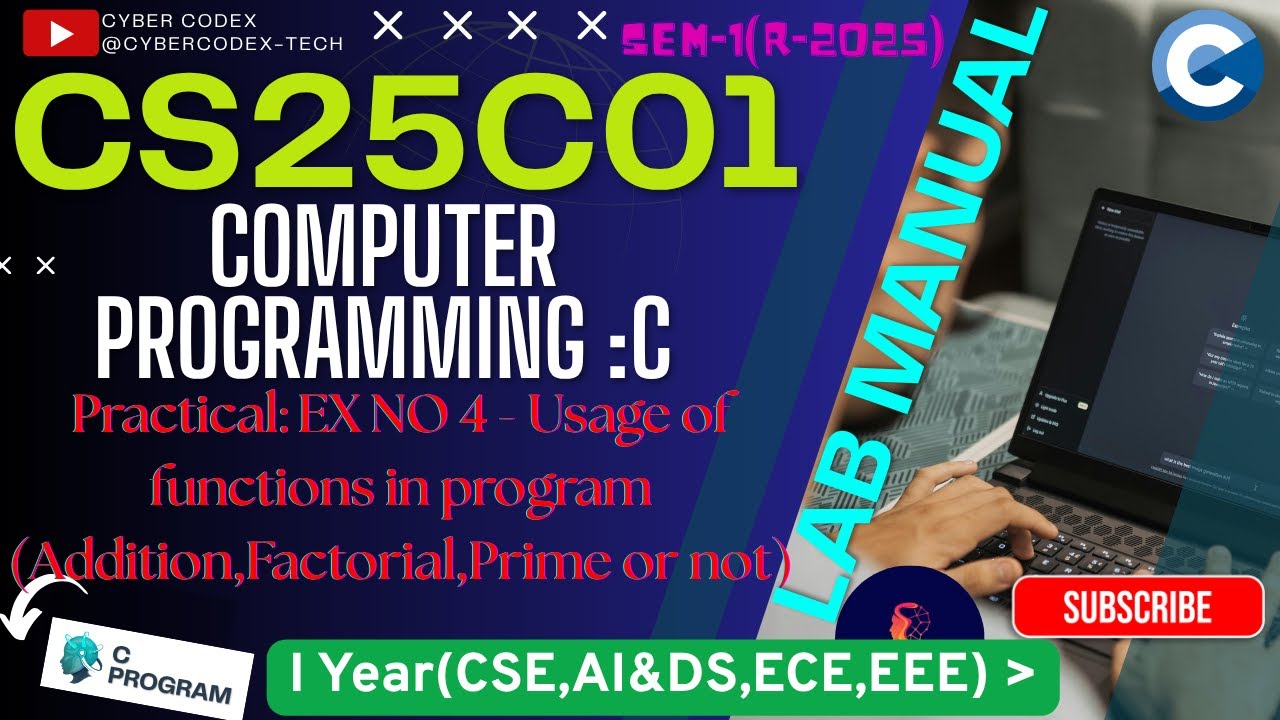 👉 CS25C01 - C Programming Practical EX NO 4 | Functions in C (Addition ...