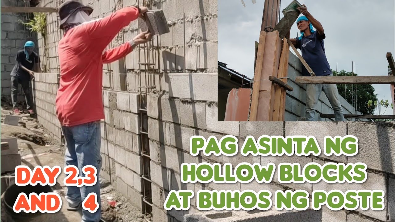 Pag asinta ng hollow blocks at pag buhos ng poste - YouTube