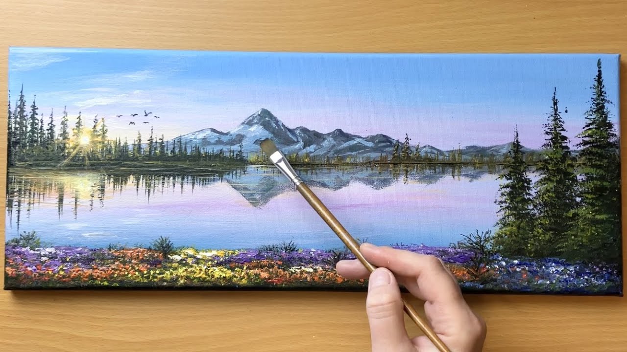 Morning Lake Painting / Easy acrylic painting tutorial for beginners ...