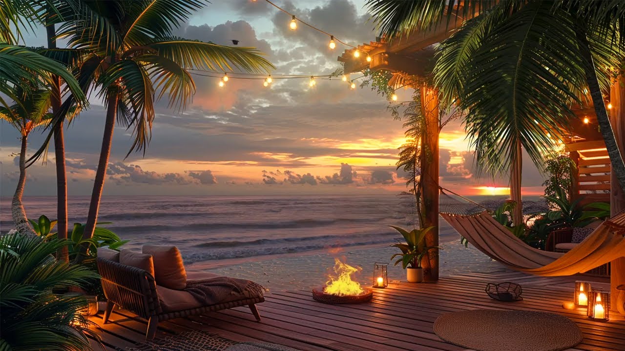 A Beautiful Golden Sunset By Cozy Beach House | Tropical Beach Waves ...