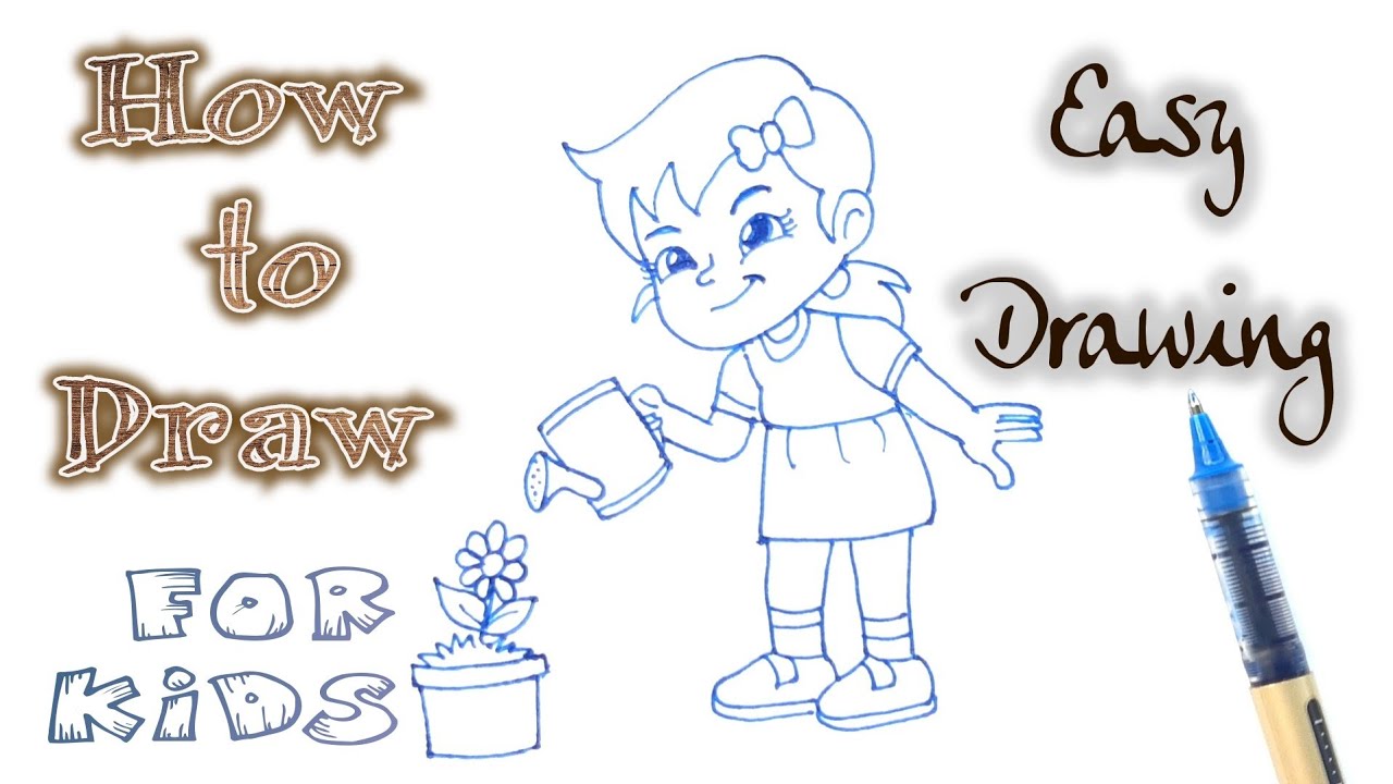 How to Draw a Girl Watering Plan for Kids 🍏🎒📚 ️|Simple Drawing for Kids ...
