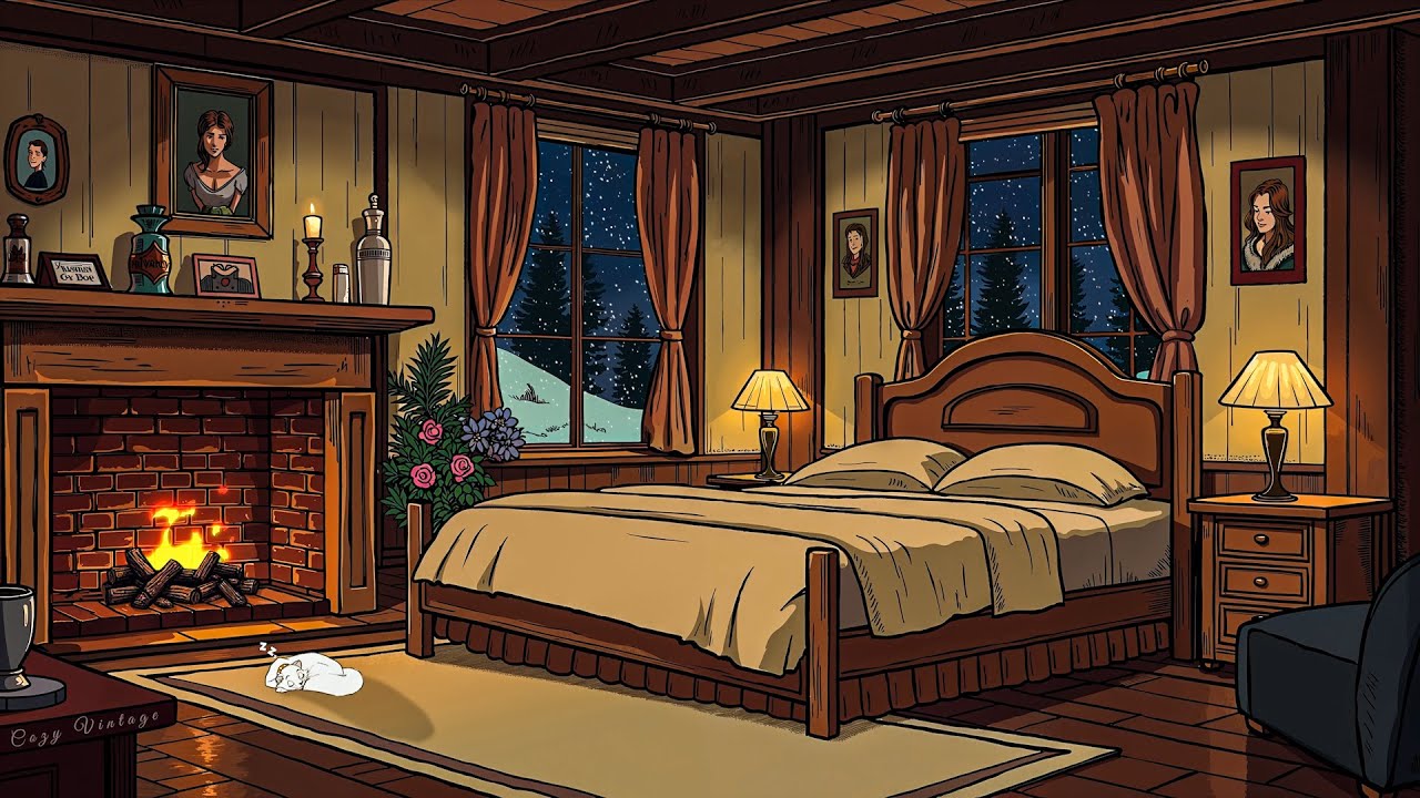 vintage rustic bedroom with 1940s oldies music playing in another room ...