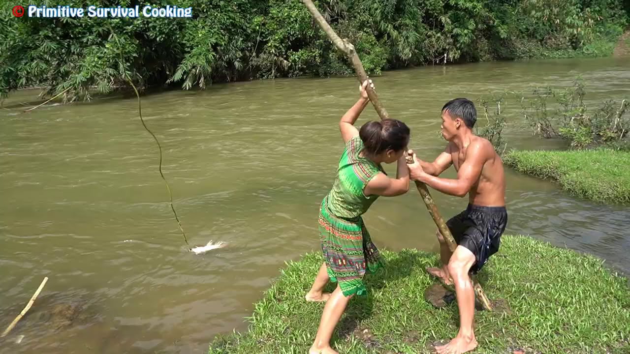 Girl Fishing at River - Primitive Fishing Skills Catch Big Fish for ...