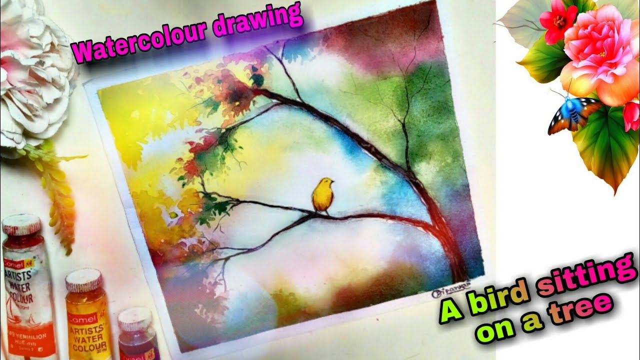 A bird sitting on a tree drawing # Easy watercolour drawing for ...