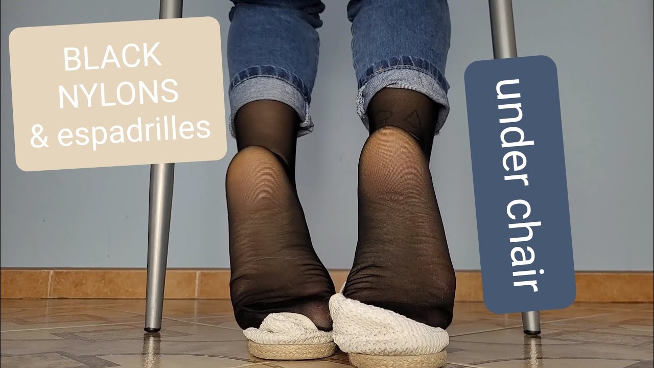 #98 sheer black pantyhose and white espadrilles shoeplay on the ground ...