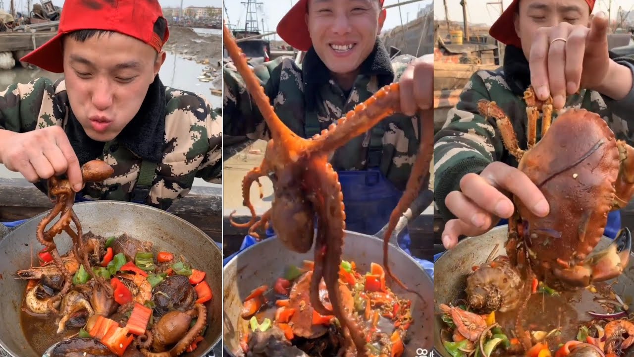 Chinese Fishman Eating Spicy Seafood Show, Octopus, Giant CRAB, AMSR ...