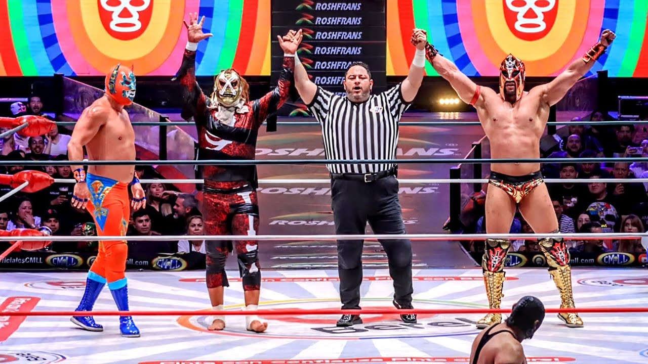 CMLL Crixus, Guerrero Maya Jr y el Difunto vs Dark Panther, Blue ...