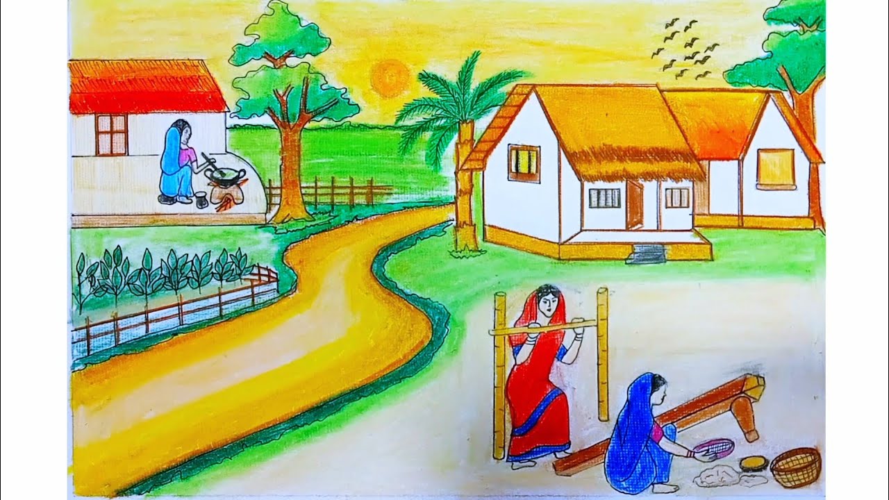 Drawing a beautiful village scenery step by step for beginners - YouTube