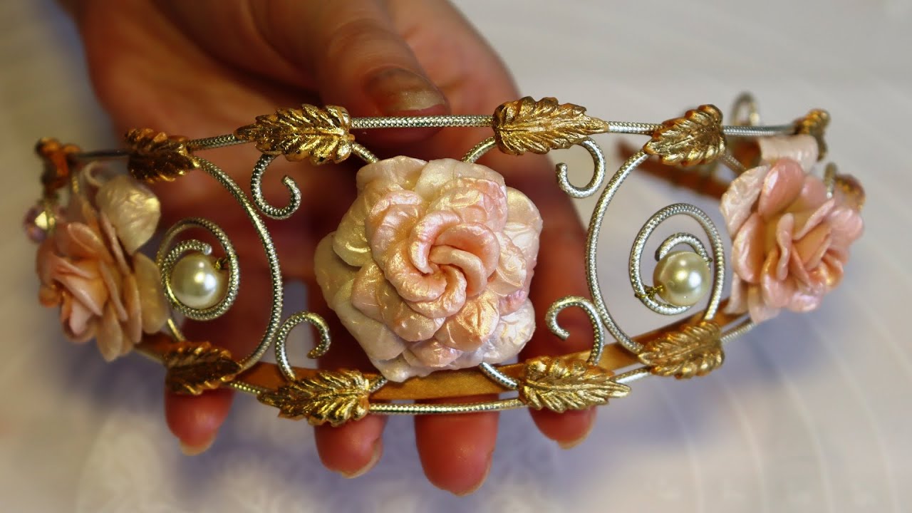 Flower Tiara with polymer clay roses and gold leaf. Diy headband crown ...