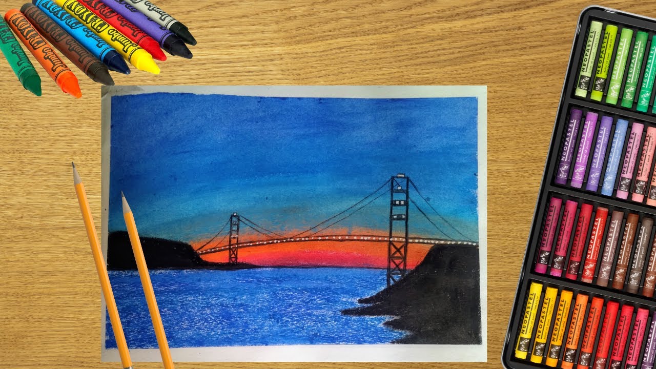 Oil pastel drawing/how to draw a bridge/beautiful oil pastel drawing ...