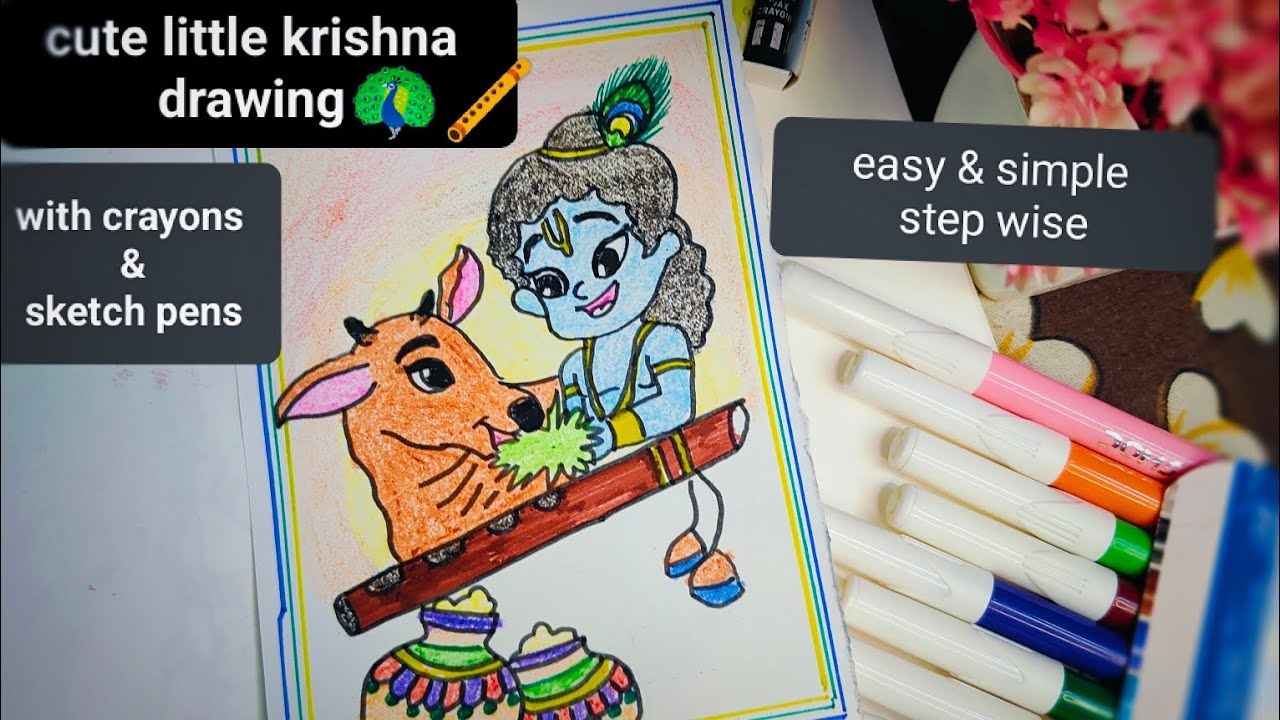 How to make little krishna cartoon drawing with wax crayons and sketch ...