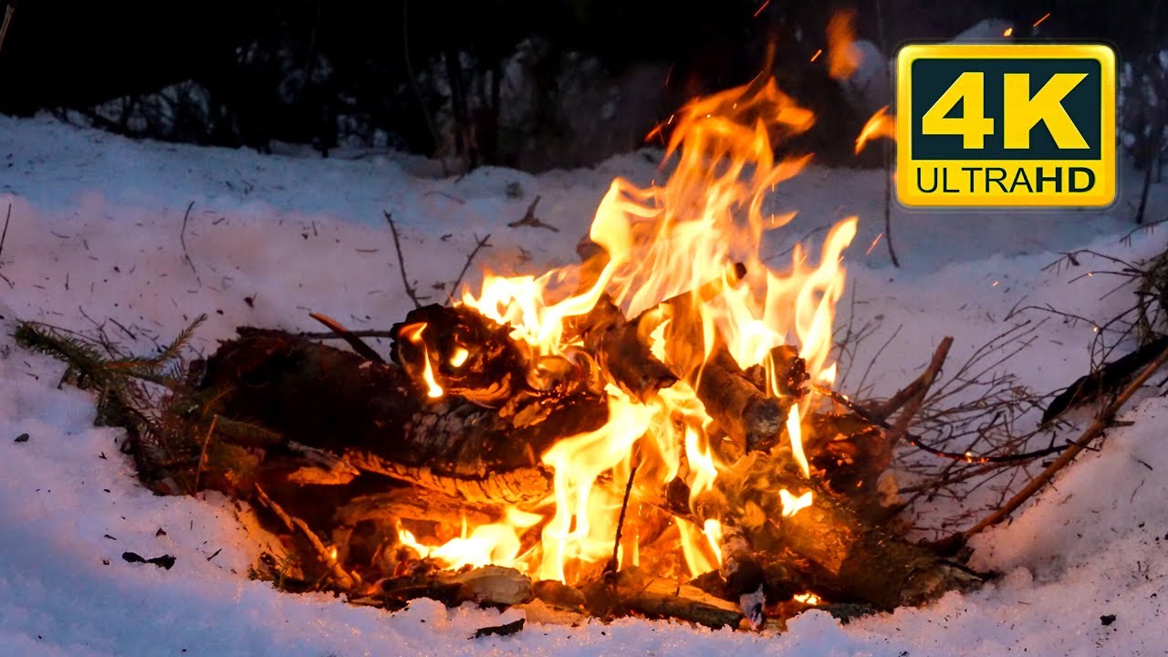 🔥 4K Campfire Ambience In Winter (10 HOURS). Relaxing Campfire with ...
