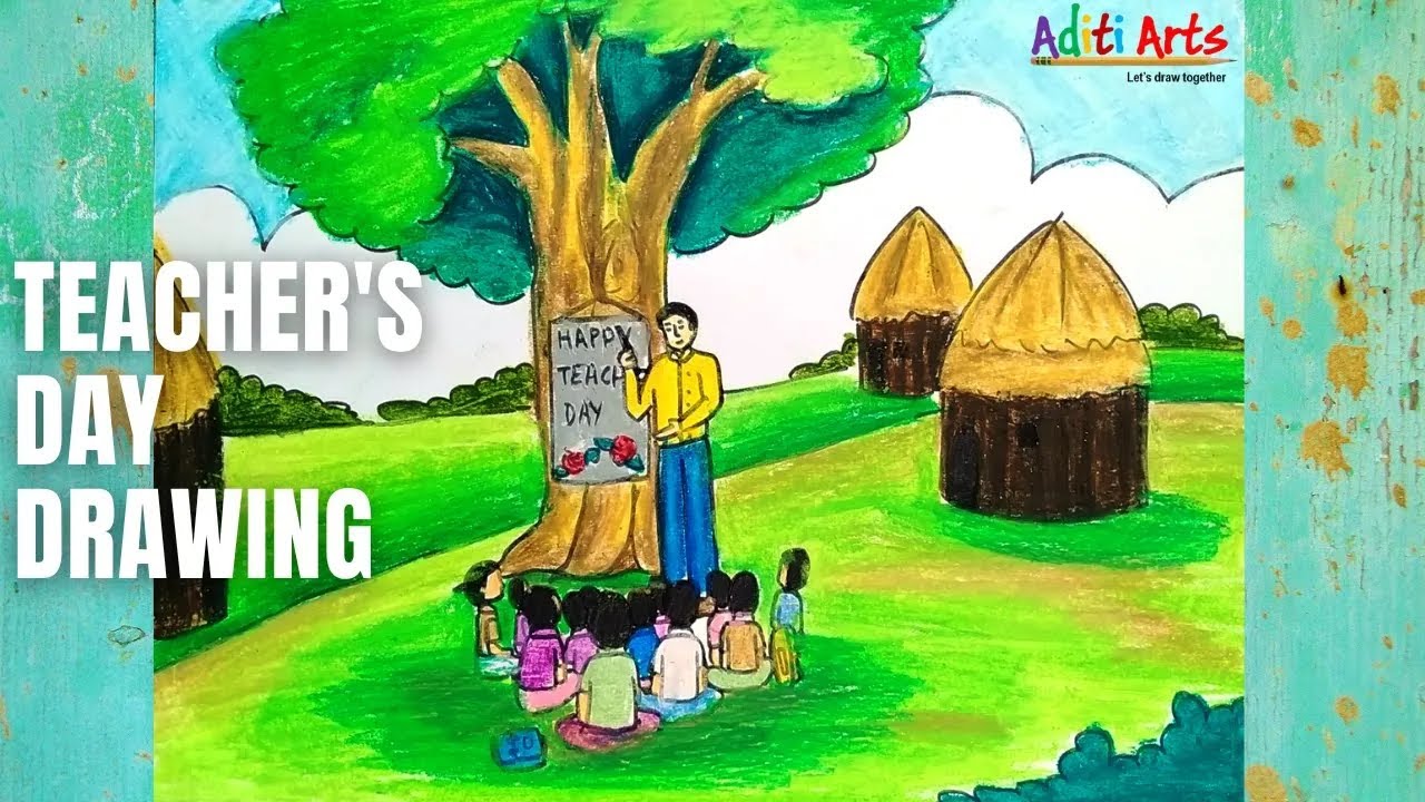Teachers Day Drawing | Open School Drawing | Village School Drawing ...