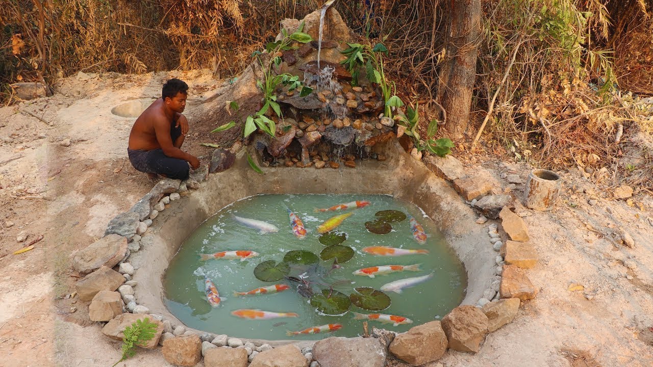 How to build a fish pond, beautiful waterfall - YouTube