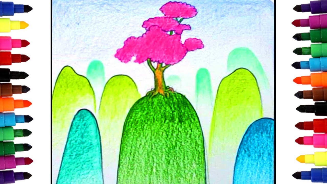 drawing of nature | how i simply draw | tree on top of the hill-easy ...