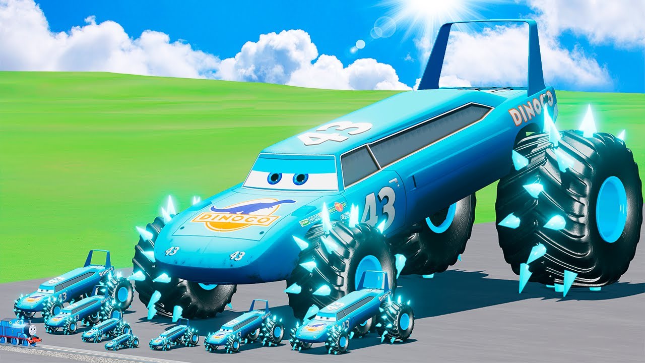 Big & Small Dinoco Glow Stripes Spiked Thorns Monster Truck McQueen vs ...