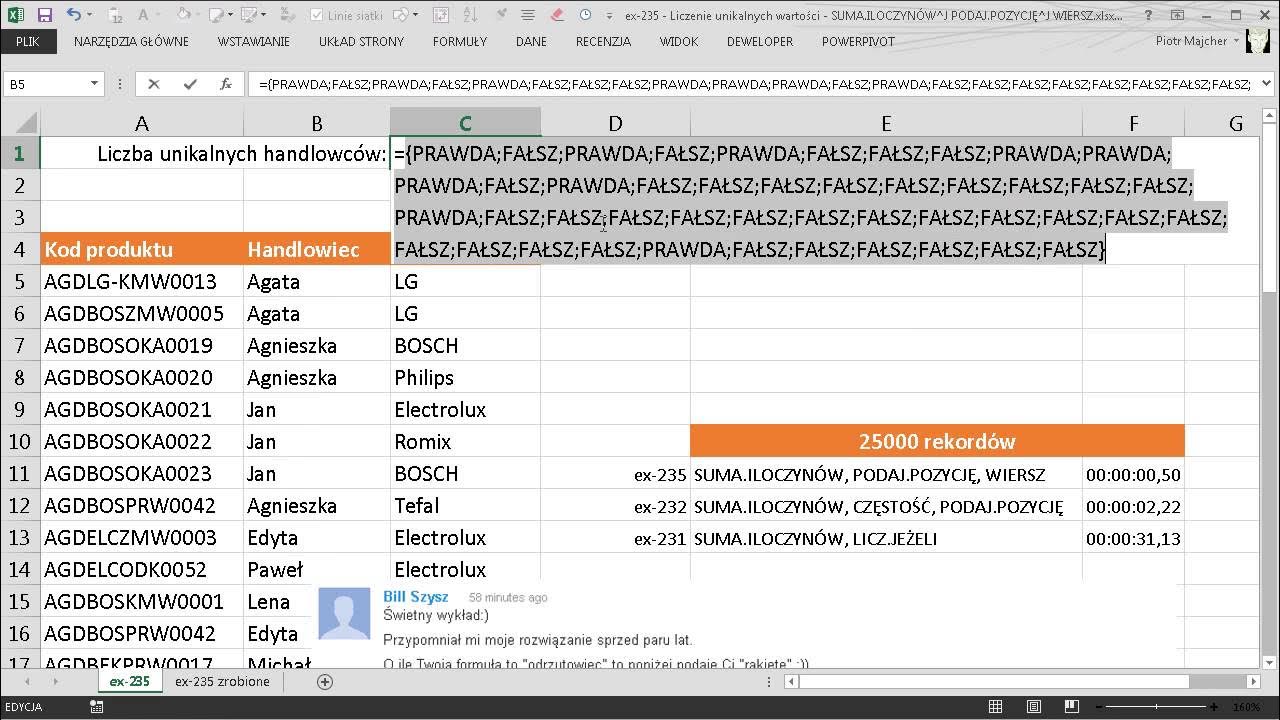 excel-235 - Liczenie unikalnych wartości - SUMA.ILOCZYNÓW, PODAJ ...