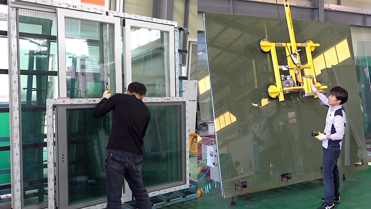 Process of making double glazed window. Sliding door factory in Korea ...
