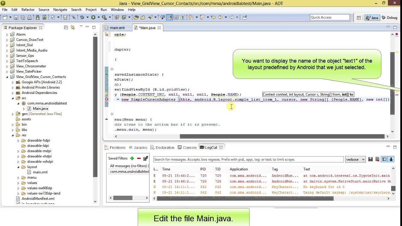 Android dev tutorial : View GridView with Cursor Contacts (english ...