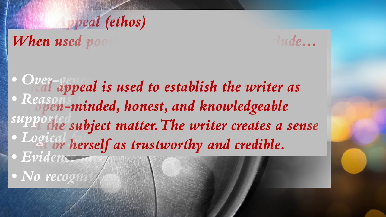Appeals to credibility. ETHOS, PATHOS,LOGOS - YouTube