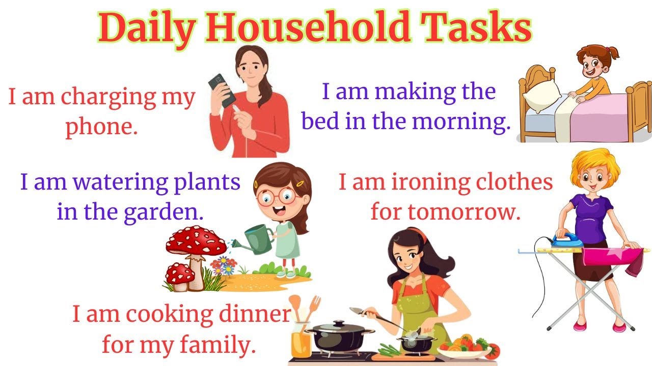 Daily Household Tasks with Sentences | English Action Verbs For ...