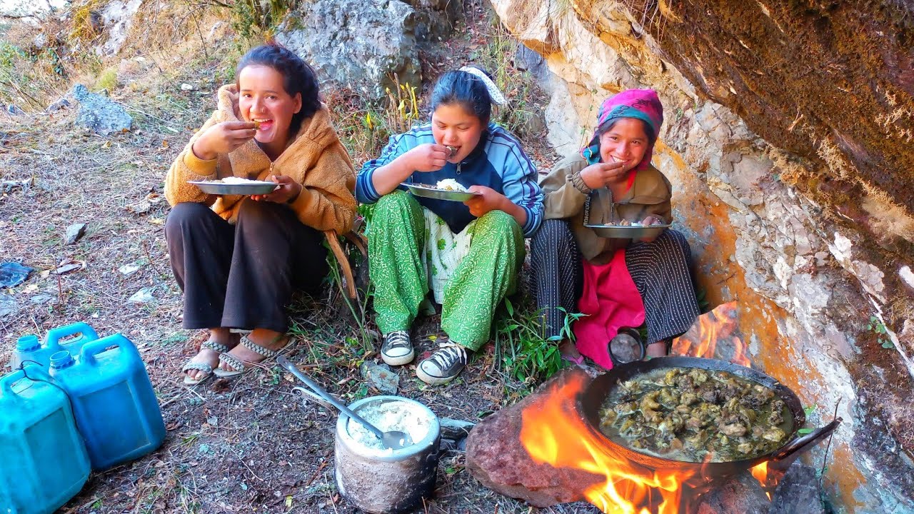 Beautiful girls are cooking and eating Rice & Chicken curry in rural ...
