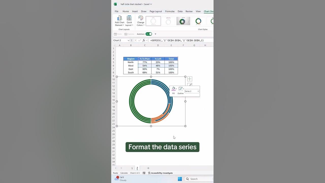 Create stacked half circle chart.#scribe #scribehow #excel #exceltips #exceltricks #spreadsheets ...