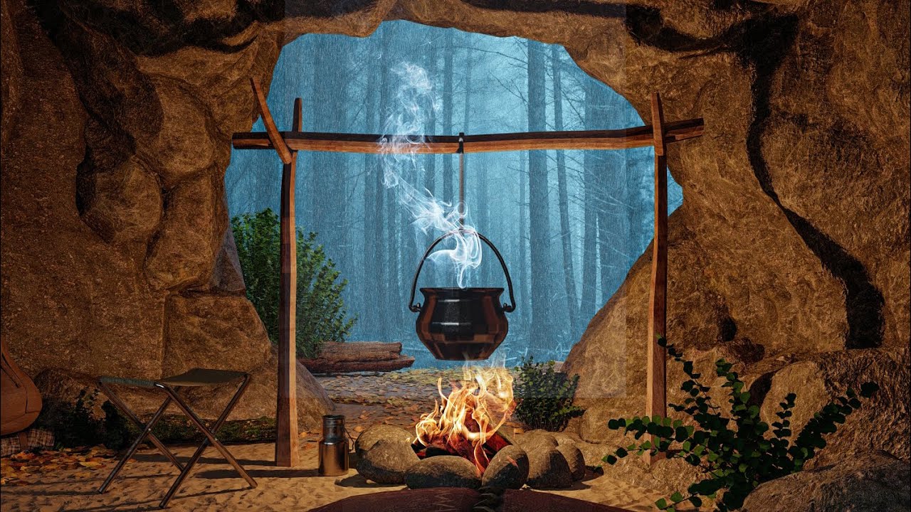 Hiding from a Heavy Rain and Thunderstorm in a Cozy Warm Cave in the ...