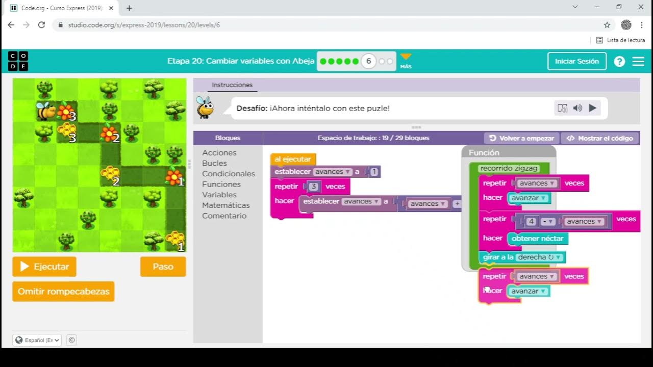 Code.org - Curso Express (2019): Etapa 20 Cambiar variables con Abeja ...