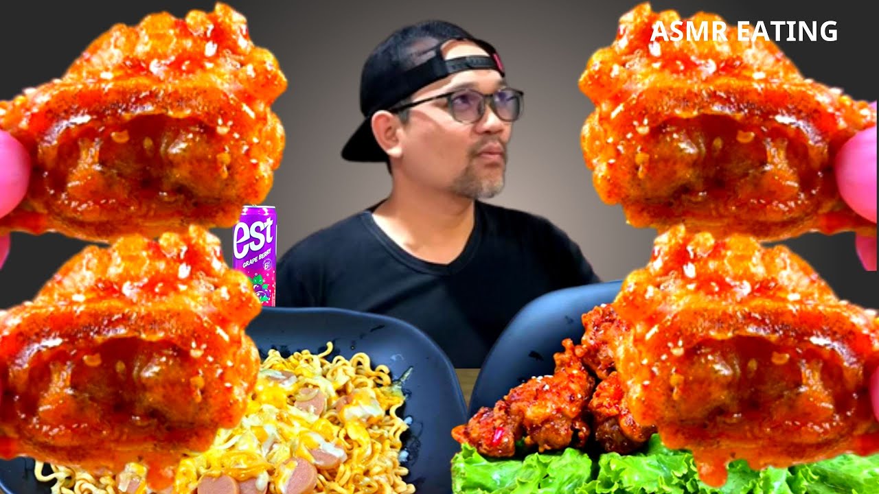 ASMR KOREAN SPICY FRIED CHICKEN & NOODLES EATING SOUNDS MUKBANG - YouTube