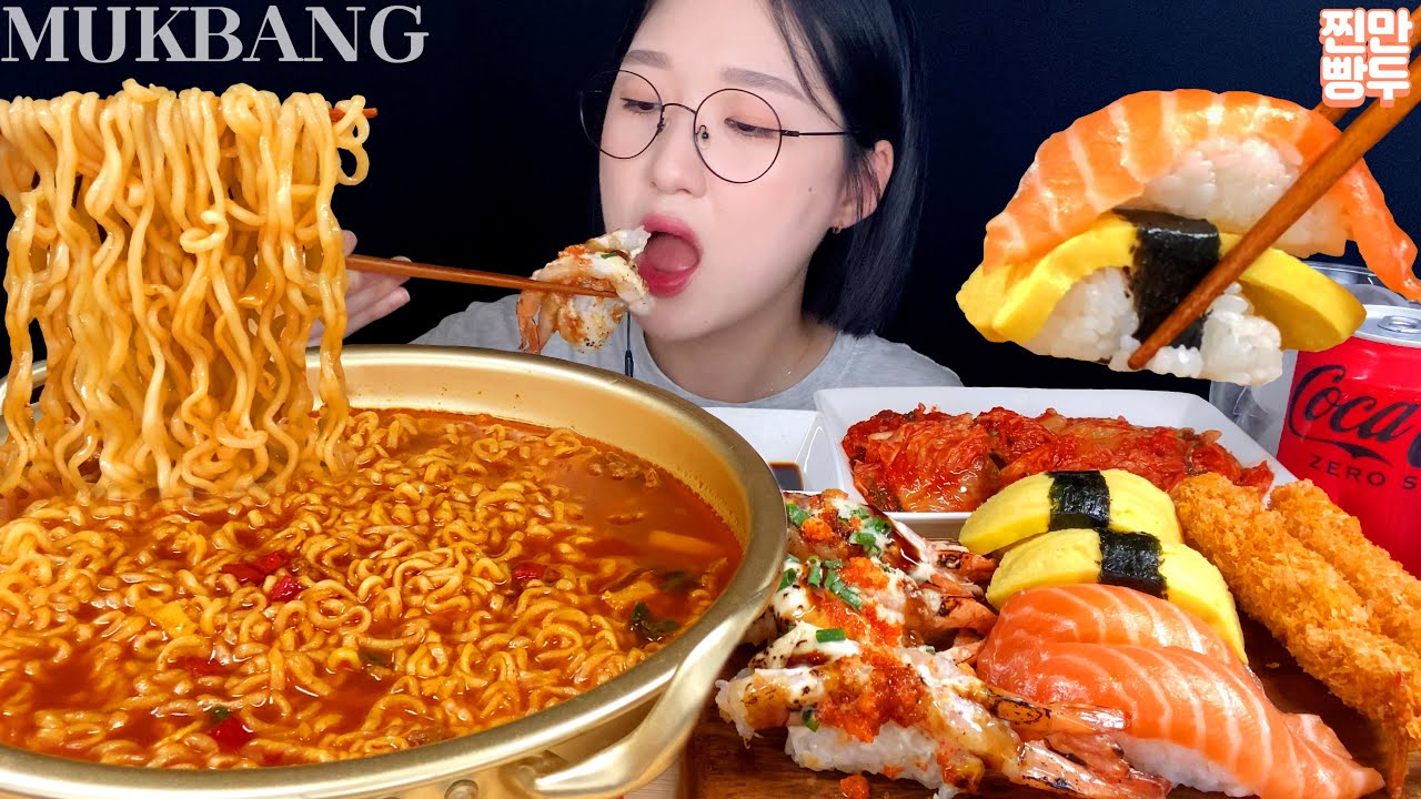 2배 더 매워진 신라면 더 레드 먹방🔥연어초밥 계란초밥 구운새우초밥까지 꿀조합 라면먹방 Korean Spicy Ramyeon