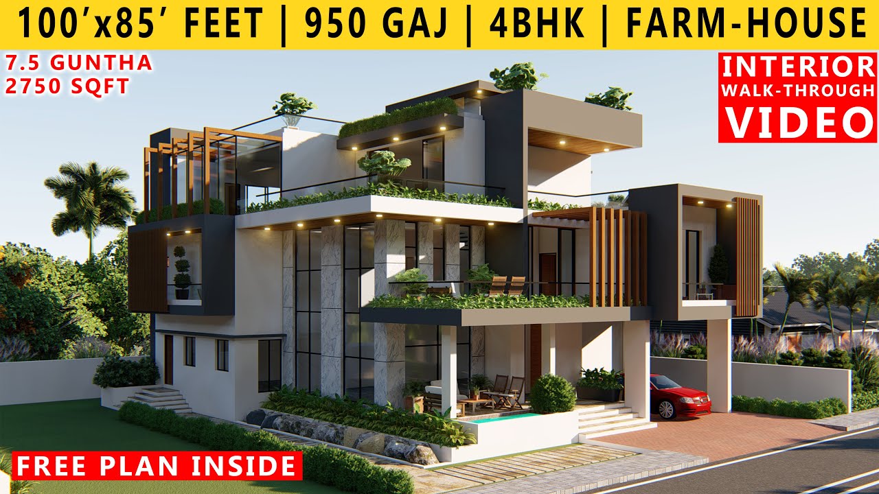 100' x 85' FEET HOUSE PLAN DESIGN | 4BHK BUNGALOW | 950 GAJ | 8500 SQFT ...
