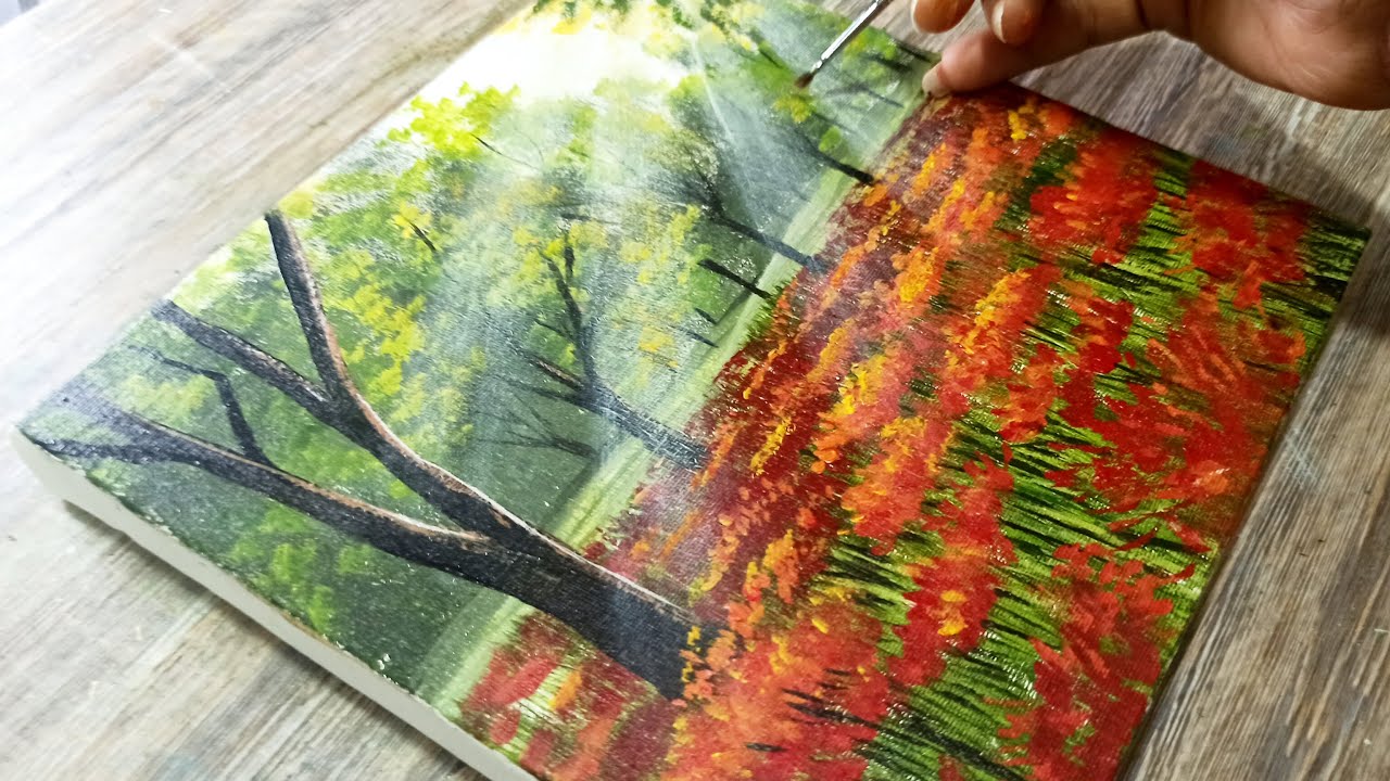 Easy Flower Field painting | Acrylic painting for beginners step by ...