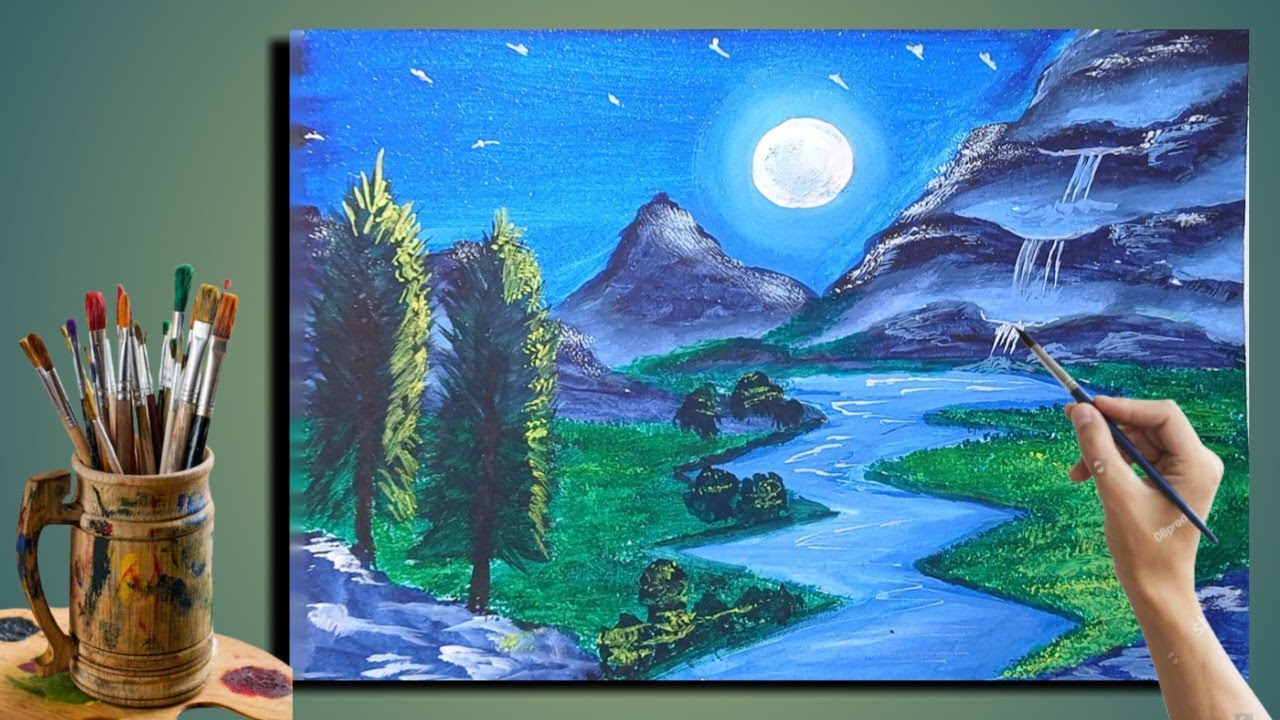 Beautiful Moonlight Night Scenery / Easy Scenery Drawing - YouTube
