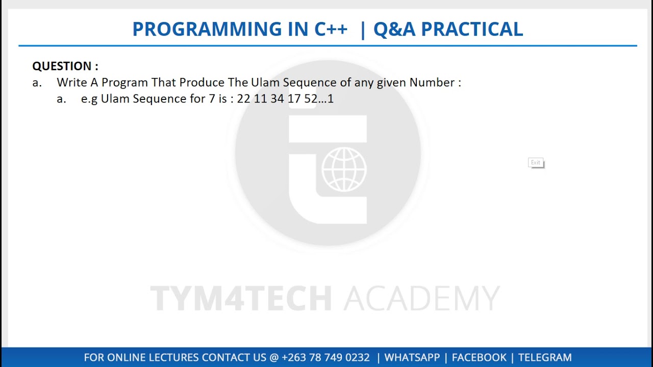 C++ Program, Ulam Sequence Of Any Number - YouTube