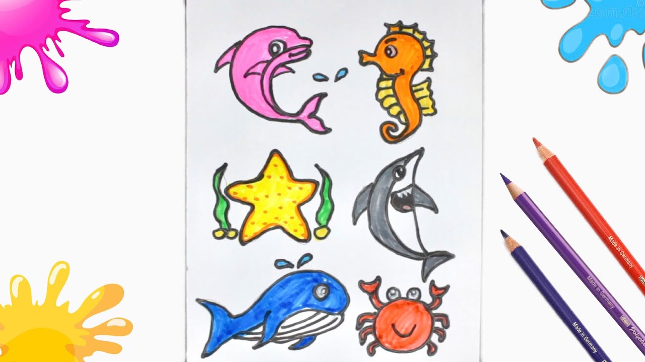 Lets Learn to Draw Fish/Animals | Dolphin 🐬 Crab 🦀 For Kids | Easy ...