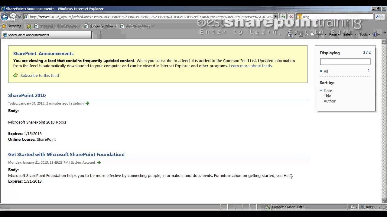 SharePoint 2010 : RSS Feeds On List - bestsharepointtraining.com - YouTube