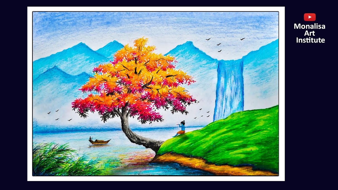 Beautiful Yellow Tree Scenery Drawing || Part #96 || Little Krishna ...