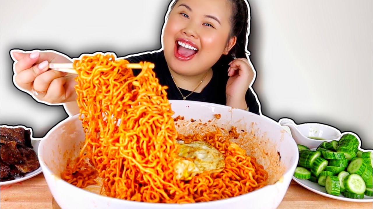 4X SPICY NUCLEAR FIRE NOODLES MUKBANG 먹방 EATING SHOW | GIVEAWAY - YouTube
