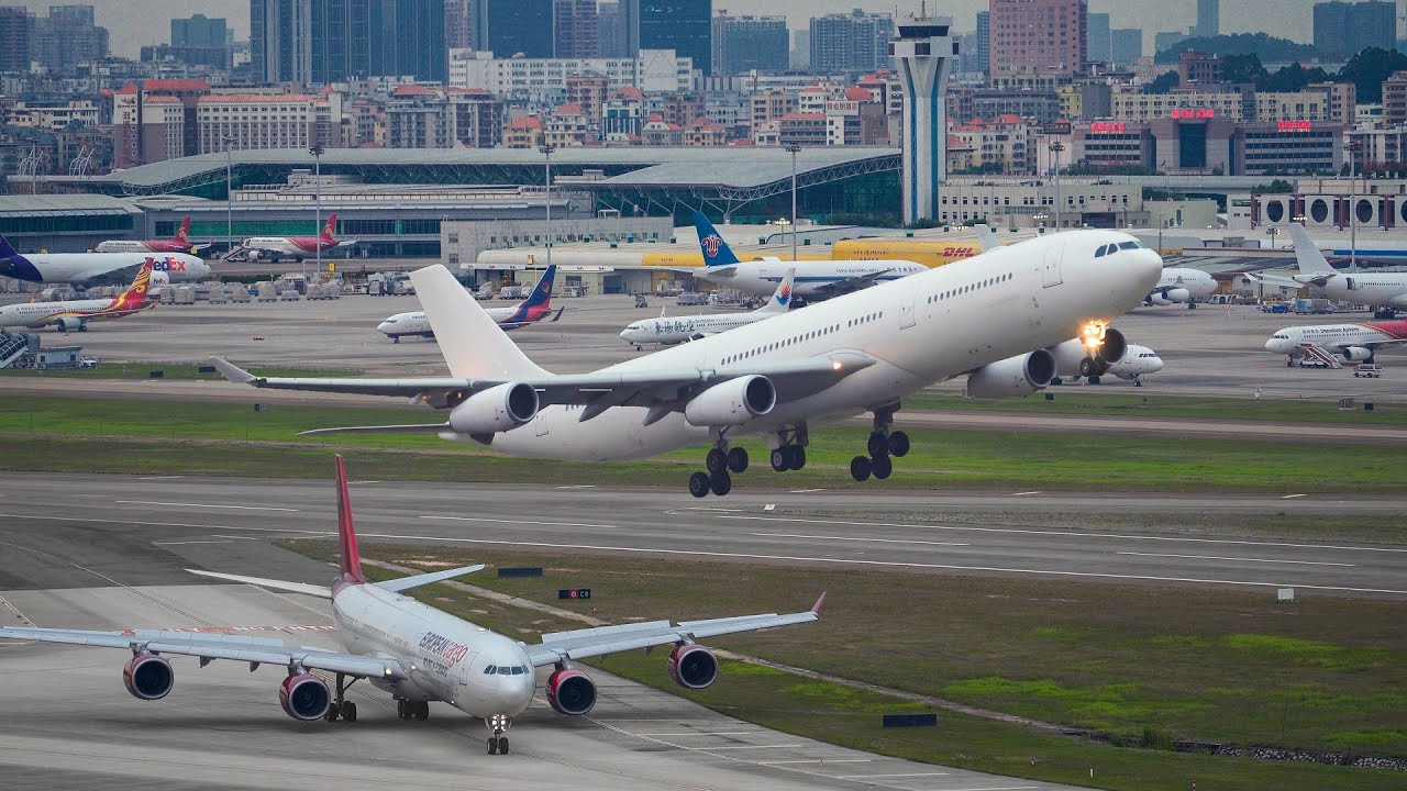 不愧是去过南极的A343五个APU！这推力真的很强劲两架空客A340深圳起降 Hifly A340-300 European Cargo ...