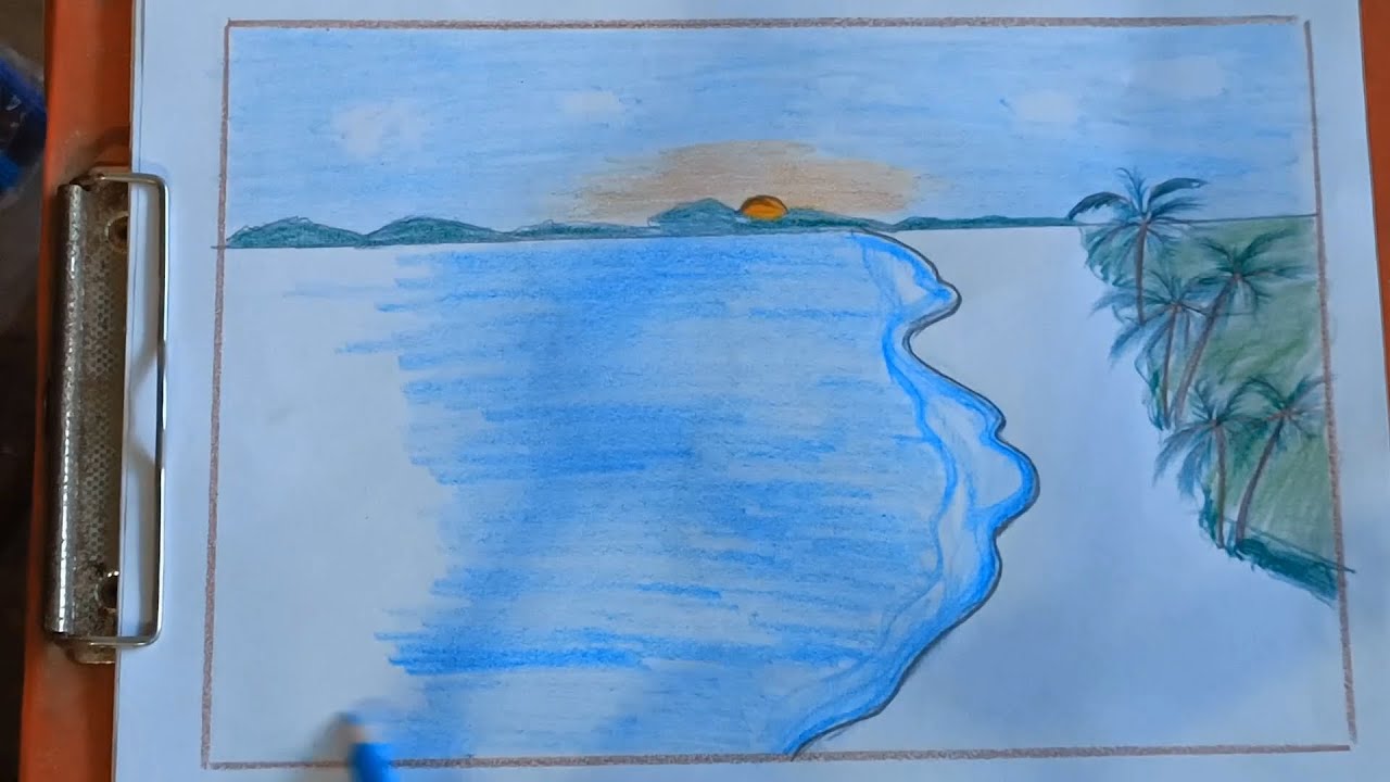 easy to draw sea side, draw island, learn to draw island beach. island ...
