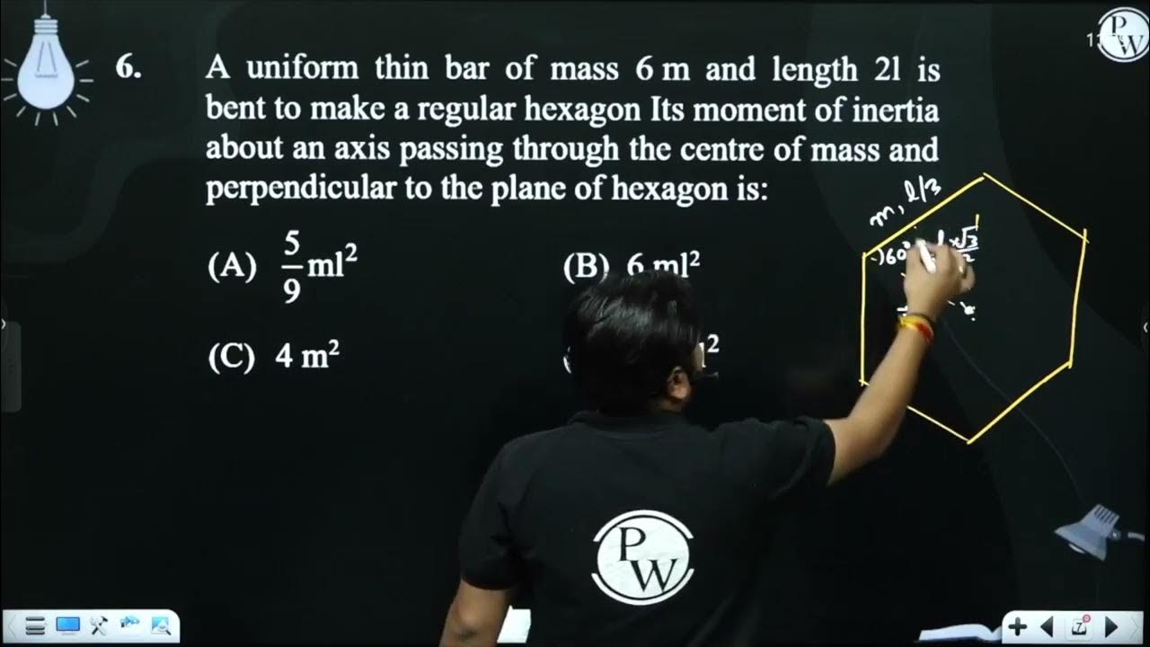 A uniform thin bar of mass 6m and length 2l is bent to make a regular hexagon Its moment of iner ...