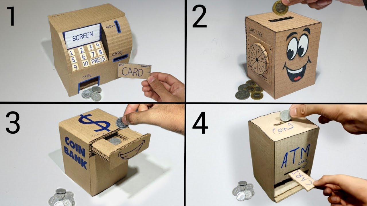 (DIY) How to make mini Bank with cardboard | 4 cardboard projects - YouTube