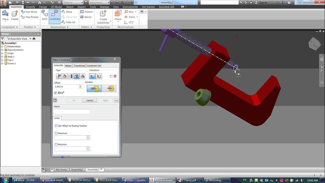 Autodesk Inventor Tutorials C-Clamp part 2--Assembly - YouTube