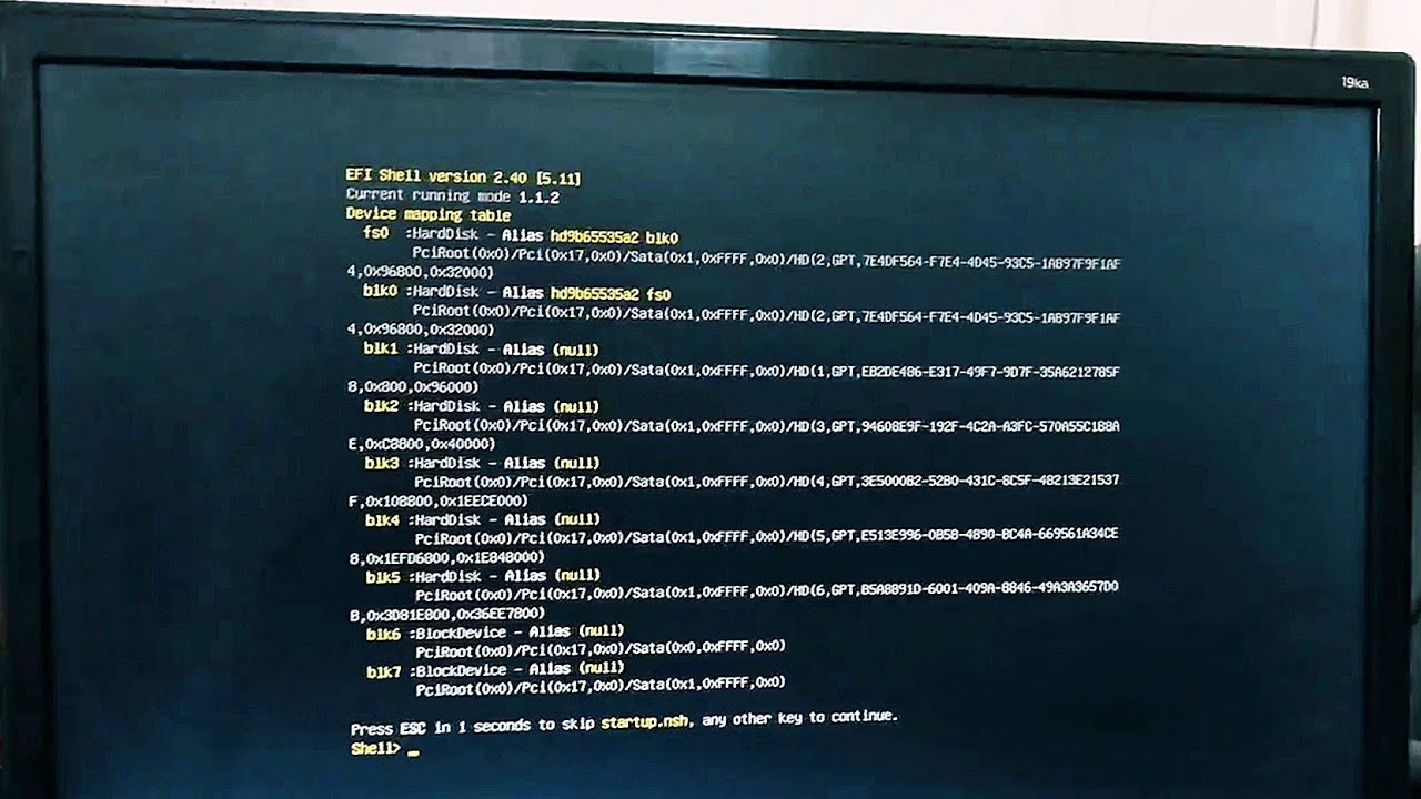 Press esc in 1 second to skip the startupnsh any other key to continue ...
