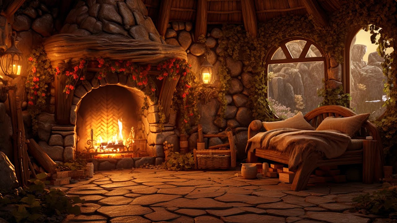 Cozy Hobbit Bedroom - Rain and Fireplace Sounds for Sleeping, Reading ...
