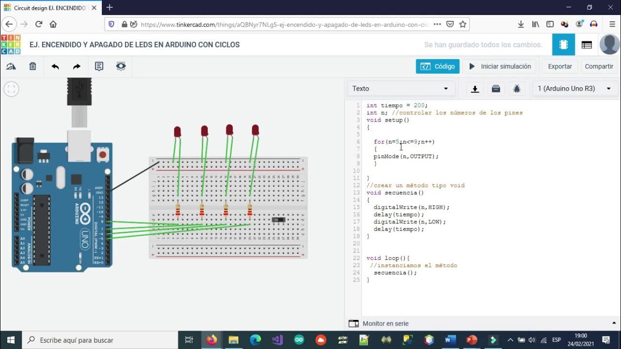 6-EJEMPLO 2: ENCENDIDO Y APAGADO DE LEDS USANDO CICLOS, ARREGLOS Y METODOS EN ARDUINO-TINKERCAD ...
