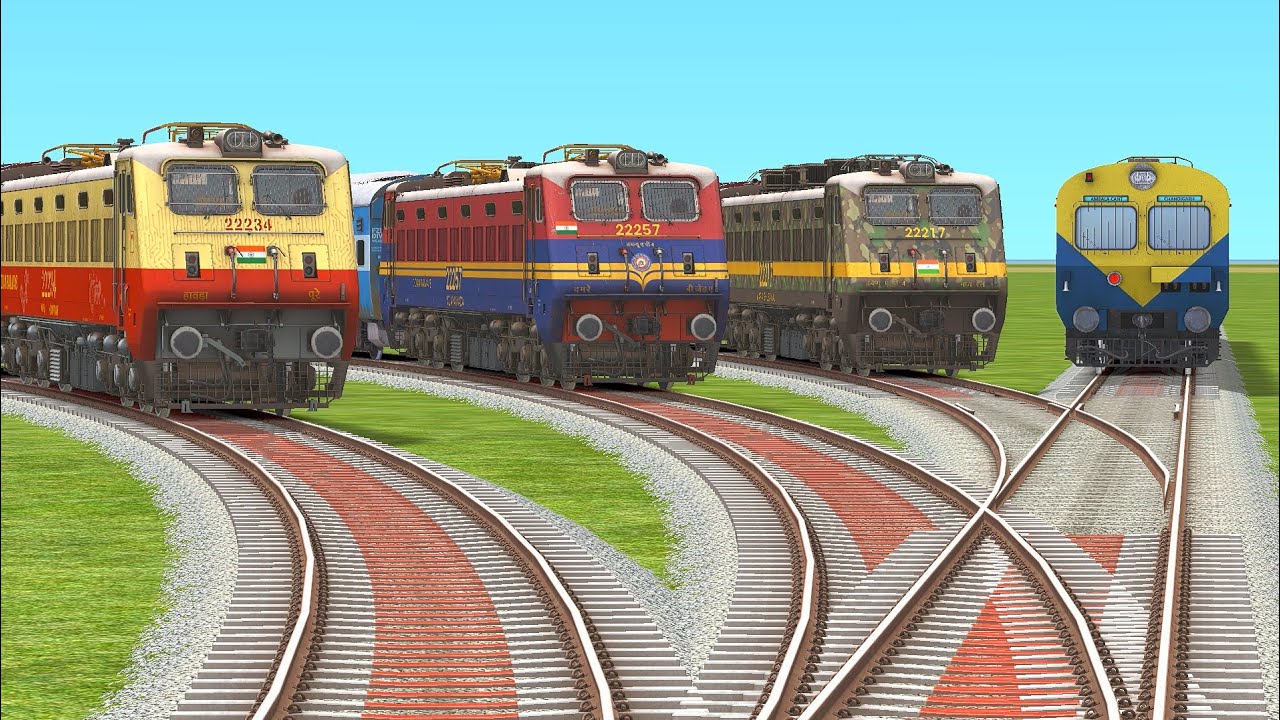 4 TRAIN CROSSING ON SINGLE SIDE CURVED BUMPY RAILROAD | Electric Train ...