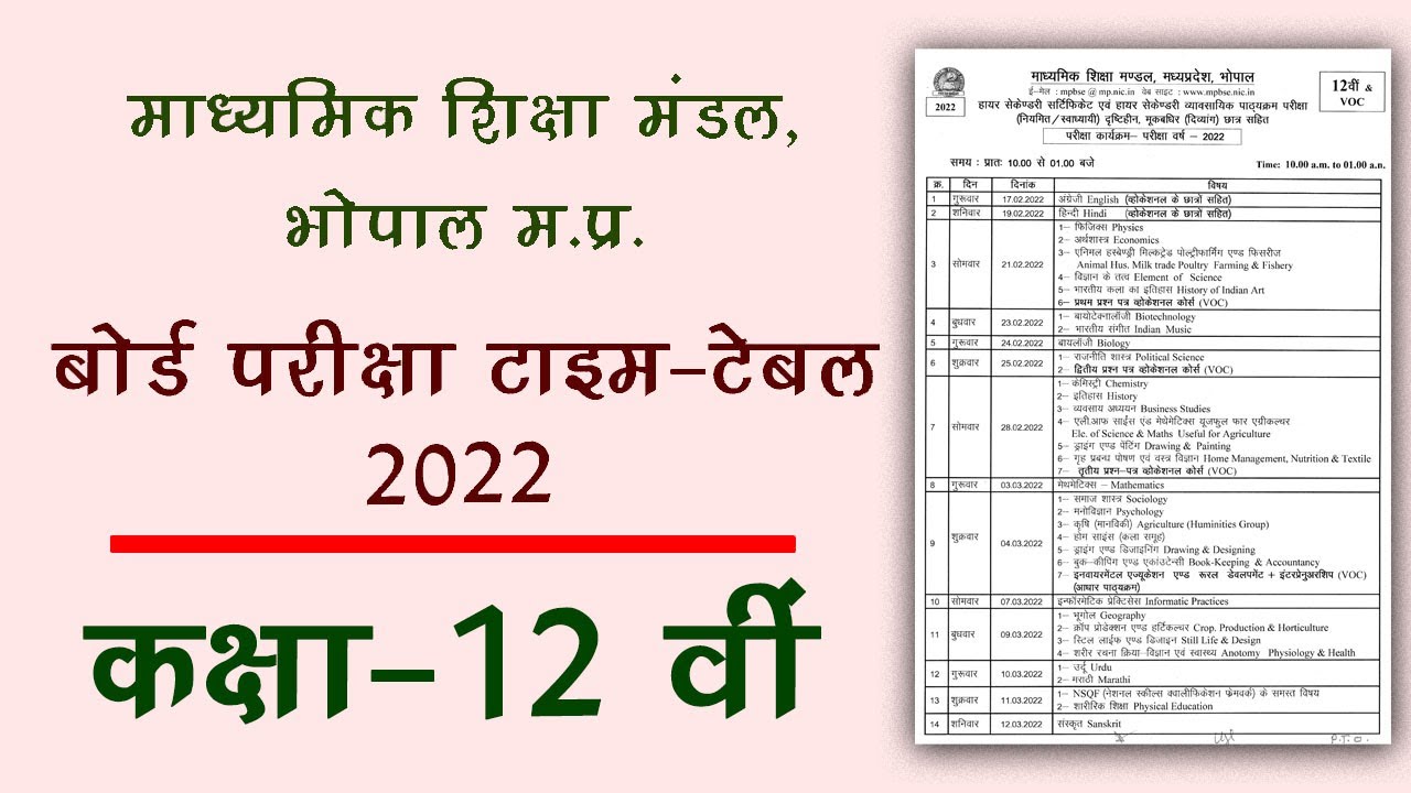12th mpboard exam time table 2022 : mpboard class 12 time table 2022 ...